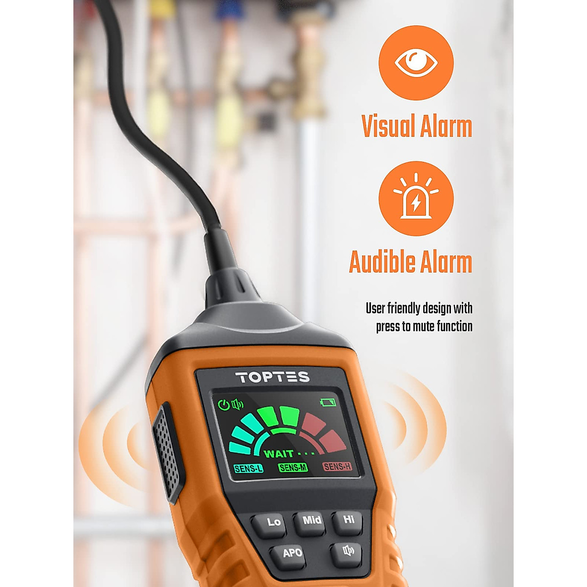 Natural Gas Detector, TopTes PT520A Gas Leak Detector with 17-Inch Gooseneck, Locating The Source of Propane, Natural Gas, and Combustible Gas Leak for Home and RV (Includes Battery x3) - Orange