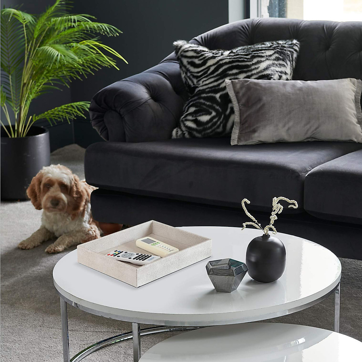 HofferRuffer Elegant Desktop Organizer, Vanity Tray, Bathroom Storage Tray Holder, Dresser Jewelry Tray, Change Coin Key Watch Catchall Tray, 10.2 x 8.4 x 1.8 inches (Light Grey Faux Leather Shagreen)