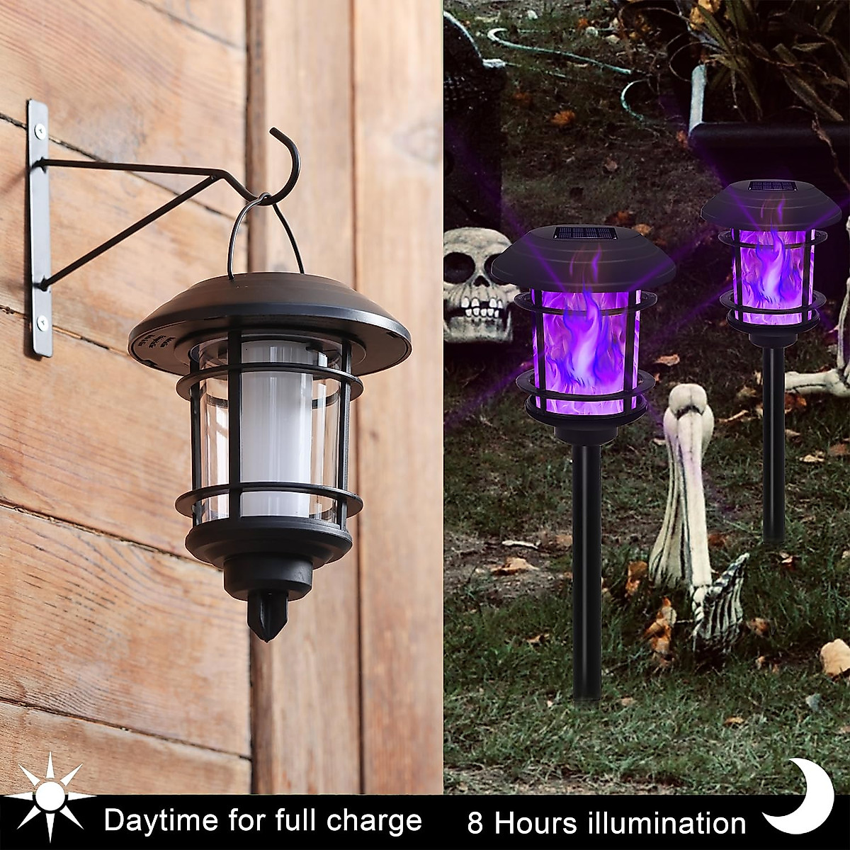 Dynaming 6 Pack Solar Flame Torch Lights Outdoor, Dual Use Flickering Purple Flame Garden Light, Hanging Lantern, Auto On/Off & Waterproof Halloween Lighting for Lawn Patio Yard Walkway Driveway