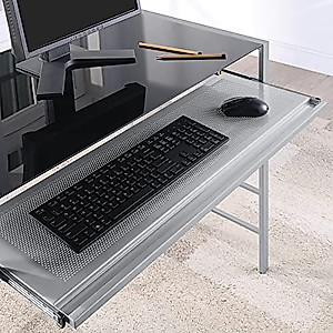 OSP Home Furnishings Zephyr Computer Desk with Keyboard Shelf and Tempered Glass Top, Black Glass and Silver Frame