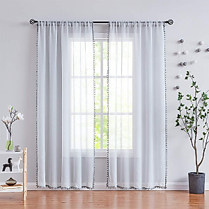 Treatmentex Grey Sheer Window Curtains for Living Room 95 inches Pom-Pom Canopy for Children Bedroom Rod Pocket 2Pack