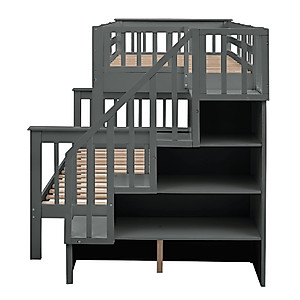 Twin Over Full Bunk Bed with Stairs and Trundle Wood Stairway Bunk Beds with Storage Shelf for Kids Boys Girls Teens, Gray