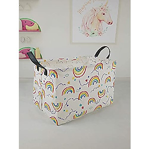 HUAYEE Colorful Rainbow Rectangular Storage Bin Shelf Basket Canvas Fabric Toy Box,Waterproof Coating Nursery Hamper with Handles,Gift Basket for Home,Office,Clothes,Books(Rainbow)