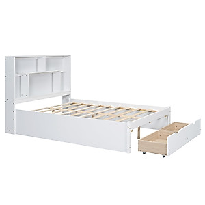 Harper & Bright Designs Full Platform Bed with Storage Headboard & 2 Drawers, Wooden Full Storage Bed Frame with Sturdy Slat Support for Kids Teens Adults, White