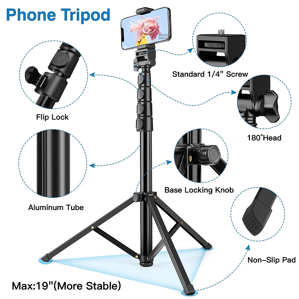 Phone Tripod, 80" Tall Tripod for iPhone with 13" Adjustable Gooseneck, Cell Phone Tripod with Remote and Phone Holder, Overhead Tripod Stand for iPhone 15 14 13 12 Android Phone