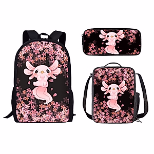 Biyejit Cartoon Axolotl Backpack with Pencil Pouch and Shoulder Bag, Pink Cherry Blossom 3 Piece Girls Backpack Combo Set with Lunch Bag