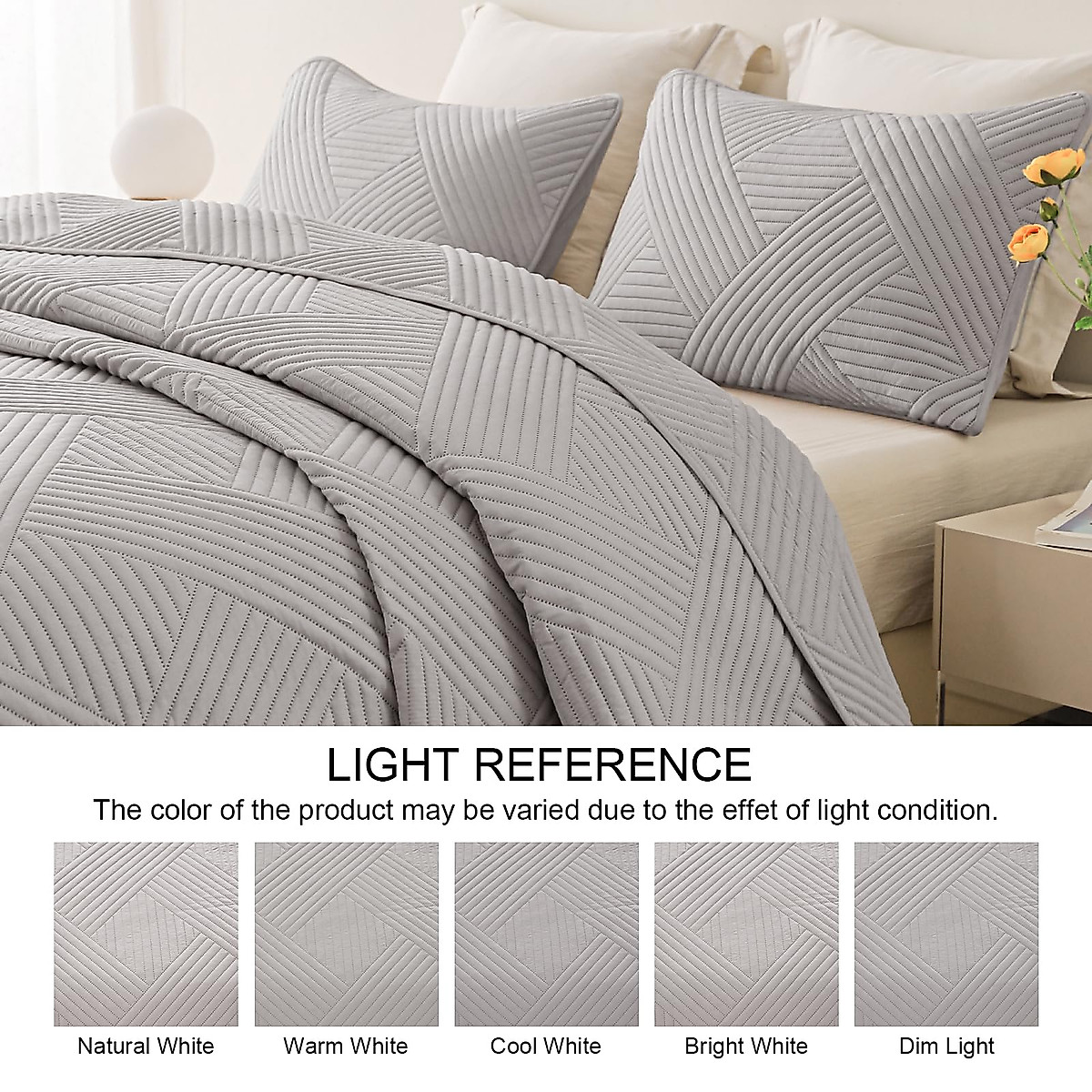 Whale Flotilla Queen Quilt Set, Soft Lightweight Quilts Bedspreads Coverlet with Embossed Pattern, Bedding Sets with 2 Pillow Shams, Reversible Bed Cover for All Seasons, 96x90 Inches, Light Grey