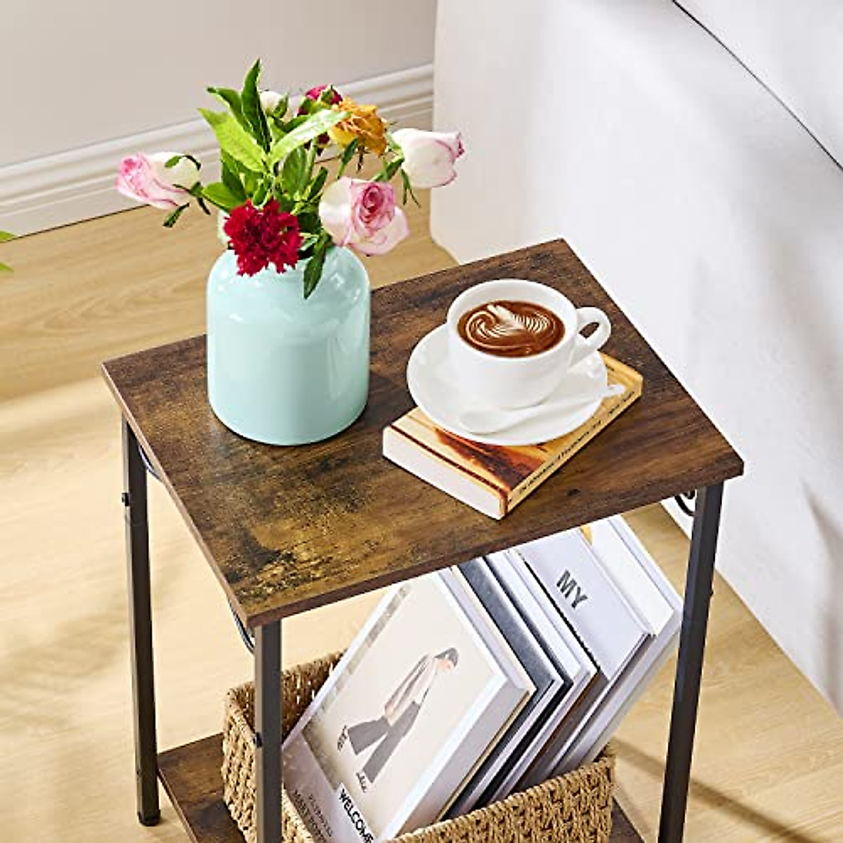 Hoctieon 2 Tier End Table, Small Night Table, Narrow Side Table with Storage, Nightstand for Small Spaces, Living Room, Bedroom, Sofa Couch, Rustic Brown