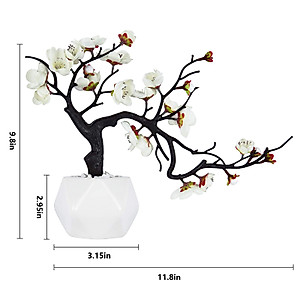 Artflower Plum Blossom Artificial Silk Flowers 2 Pack Simulation Flower with Ceramic Vase Fake Plant Potted Arrangement for Home Wedding Office DIY Living Room Party Garden Decoration (White)
