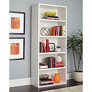 ClosetMaid Bookshelf with 5 Shelf Tiers, Adjustable Shelves, Tall Bookcase Sturdy Wood with Closed Back Panel, White Finish