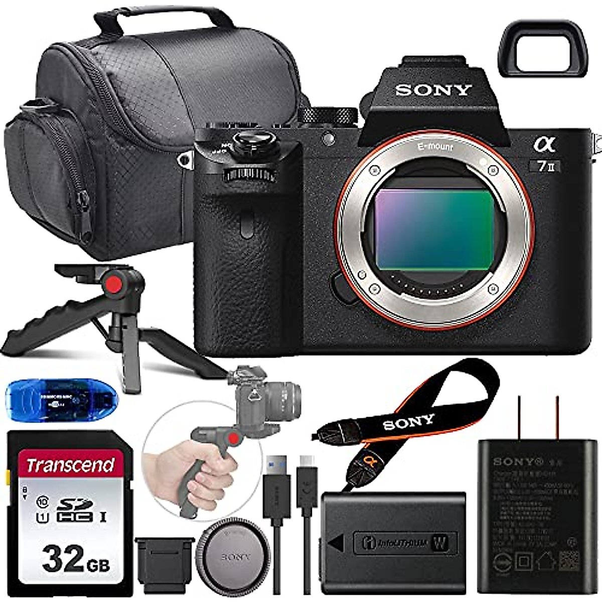 Sony Alpha a7 II Mirrorless Digital Camera (ILCE7M2/B) Body Kit + 32GB High Speed Memory Package with Shoulder Case, Pistol Grip Tripod and USB Card Reader