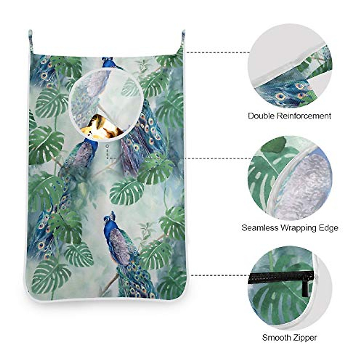 Oyihfvs Peacock with Beautiful Feathers Green Tropical Leaves 1PC Hanging Laundry Hamper Bag, Dirty Clothes Bag Over The Door, Wall Cloth Basket with Hooks Storage College Closet for Bathroom Bedroom