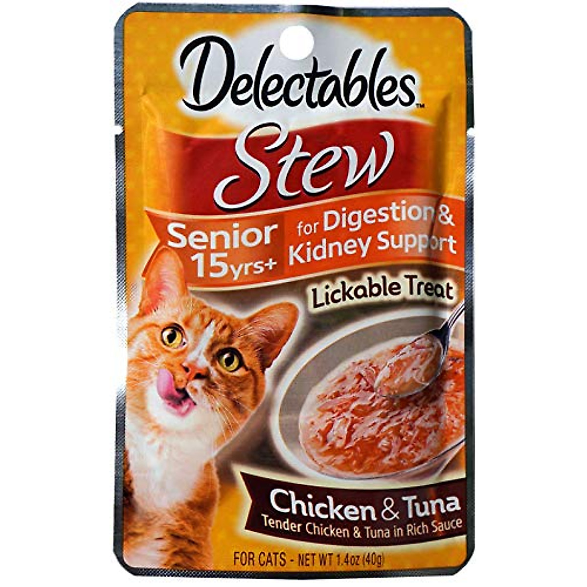 Delectables Stew Senior 15+ Chicken & Tuna Lickable Cat Treat Bisque Senior 15 Years+ Lickable Wet Cat Treats. Two Flavors, 3 Pouches of Each Flavor. Variety Pack 6 Count Total