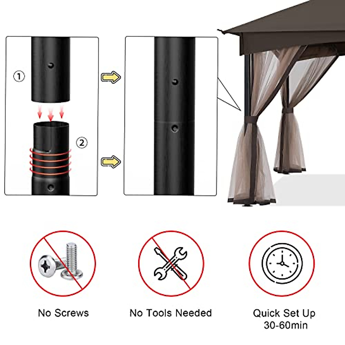 MASTERCANOPY Tool Free Patio Gazebo Screw Free Easy Installation Outdoor Garden Gazebo with Netting Walls (11x11,Dark Brown)