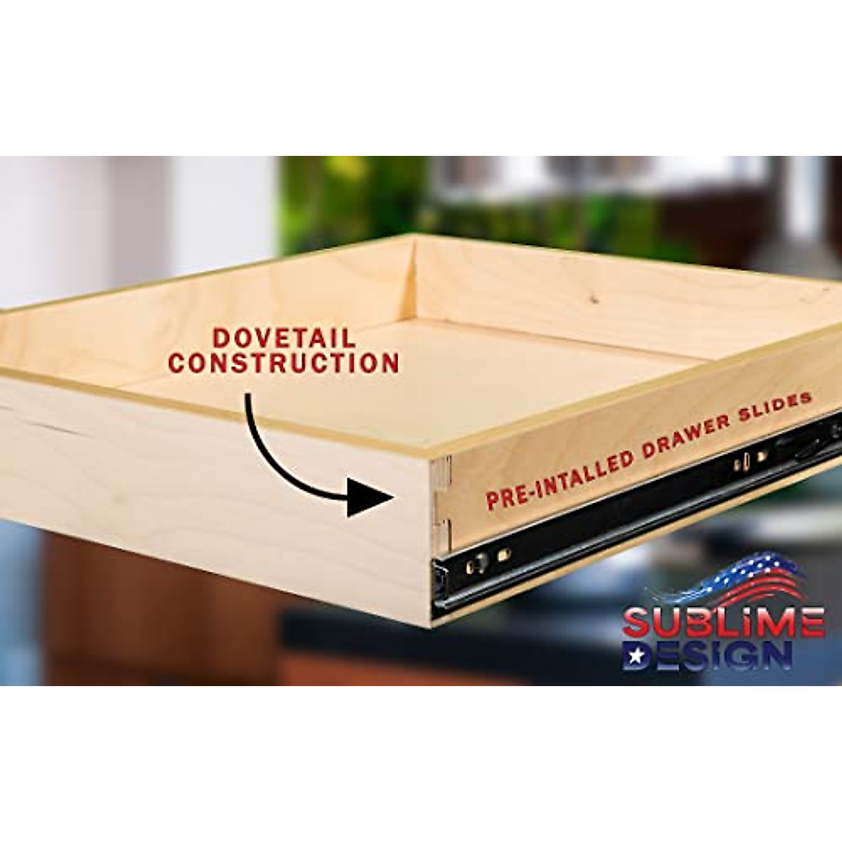 Sublime Design | Pull Out Tray | Bottom Mount | Baltic Birch Kitchen Cabinet Drawer | Slide Out Shelves | Roll Out Cabinet Organizer (11" Wide)