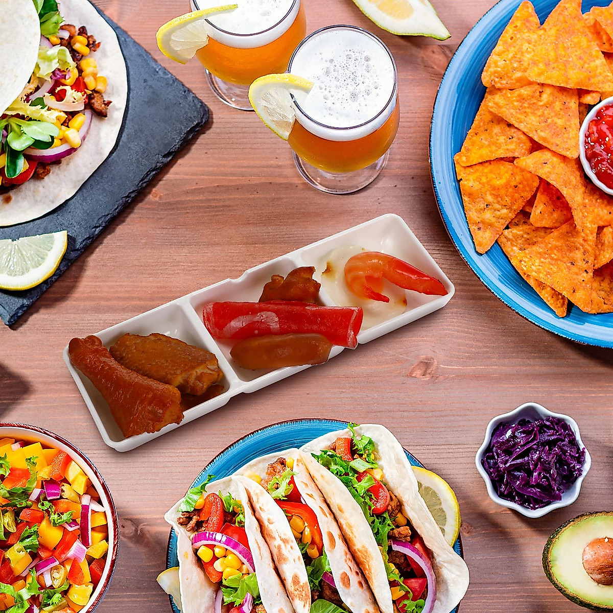 24 Pcs 8.7 x 2.8 Inch 3 Compartment Appetizer Serving Tray Plastic 3 Section Dessert Platters Rectangular Divided Plate White Compartment Serving Dishes Dipping Sauces Dinner Buffet Restaurant Kitchen