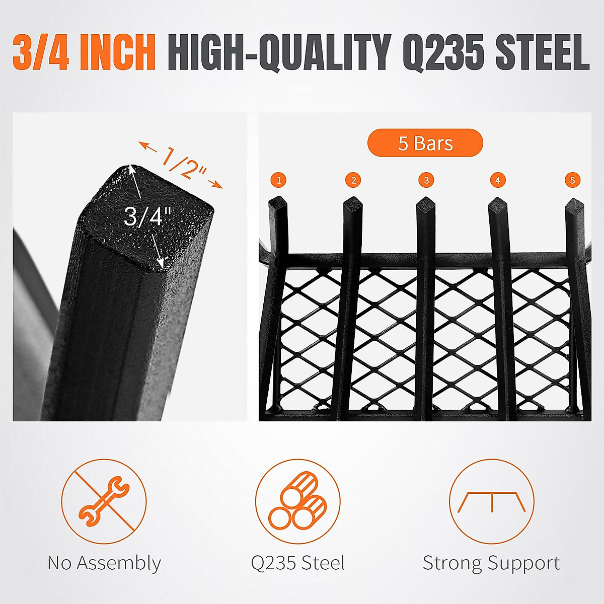 INNO STAGE Fireplace Grates with Ember Retainer - 17 Inch Fireplace Log Grate, Firewood Wood Log Holder Rack, Inside Wrought Cast Iron Fire Grate for Hearth Indoor Outdoor Camping