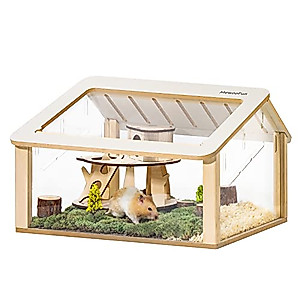 MEWOOFUN Wooden Hamster Cage Small Animal Cage Acrylic Hamster Cage with House (18.5" L X 12.9" W X 9.8" H)