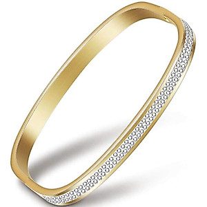 Jude Jewelers Stainless Steel Square Shape Cubic Zircon Open Cuff Bangle Bracelet (Gold)