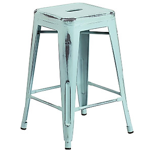 EMMA + OLIVER Commercial Grade 24" H Backless Distressed Green-Blue Metal Indoor-Outdoor Stool