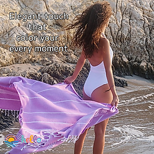 Hello Peshtemal Turkish Beach Towel, Prewashed, 100% Cotton, Soft, Absorbent, Quick Dry, Sand Free Oversized Bath Towels for Bathroom, Pool, Travel, Size 39x71 Inches (Purple)