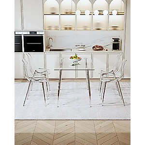 Ufurpie 5 Piece Glass Dining Table Set,47" Kitchen Table and Chairs for 4,Clear Dining Room Table Sets w/Silver Chrome Legs,Modern Dining Room Sets for Home, Kitchen, Dining Room(Silver)