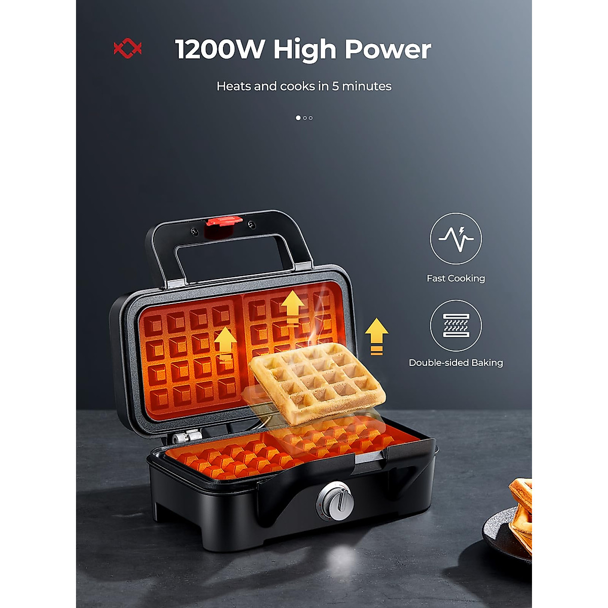 AMEGAT 3 in 1 Sandwich Maker, Waffle Maker with Removables Plates, Panini Press Waffle Iron Set with 5-gear Temperature Control, Non-stick Coating Cool Touch Handle Anti-skid Feet for Breakfast, 1200W