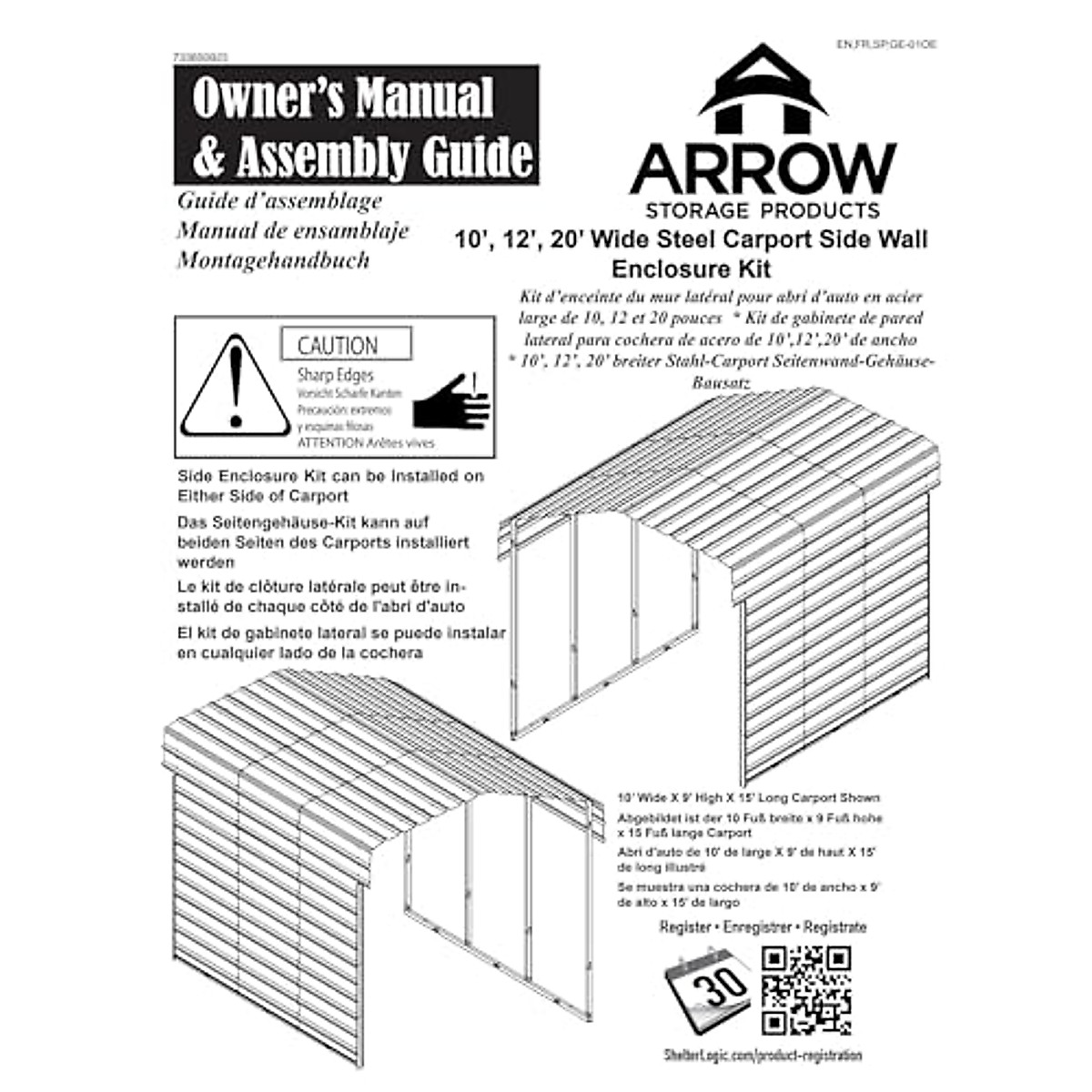 Arrow Carports Galvanized Steel Carport, with 2-Sided Enclosure, Compact Car Metal Carport Kit, 10' x 15' x 7', Eggshell