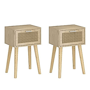 LAATOOREE Nightstand Set of 2, Boho Bedside Table with Rattan Door Solid Wood Feet for Bedroom Living Room Small Space
