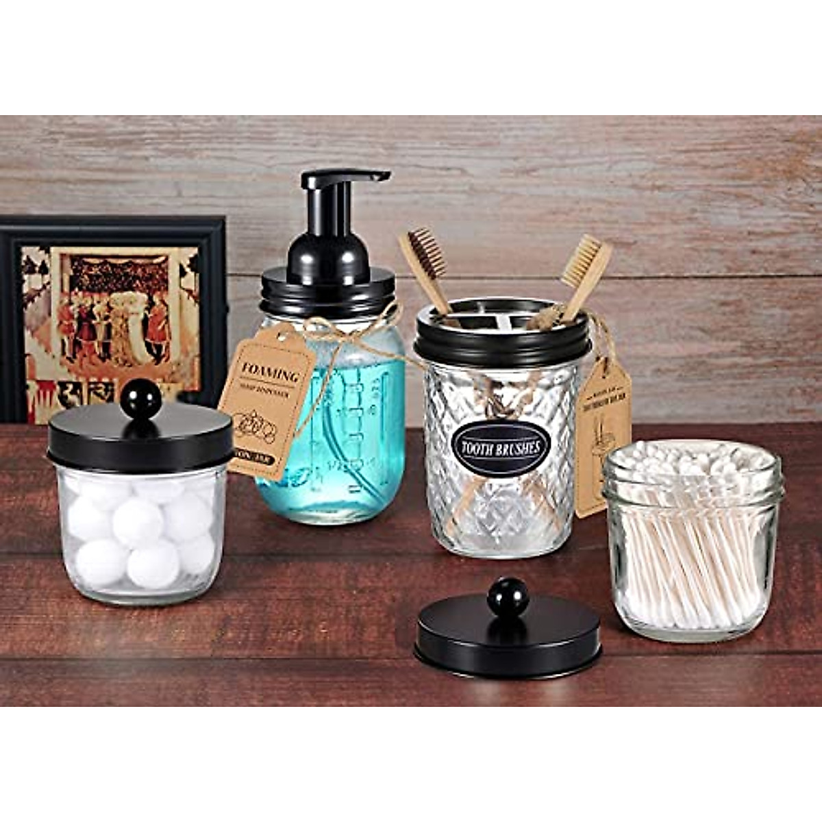 Amolliar 4PCS & 2PCS Black Mason Jar Bathroom Accessories Set- 3pcs Foaming Soap Dispenser&2pcs Qtip Holder Set&Toothbrush Holder-Rustic Farmhouse Decor Bathroom Organizer
