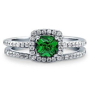 BERRICLE Sterling Silver Halo Wedding Engagement Rings Simulated Emerald Cushion Cut Cubic Zirconia CZ Ring Set for Women, Rhodium Plated Size 6
