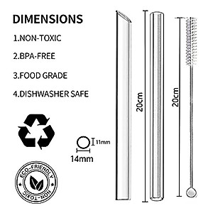 8Pcs Reusable Glass Boba Straws, 14mm Extra Wide Clear Smoothie Straws for Bubble Tea, Eco-friendly Drinking Straws with cleaner brush, Box Pack