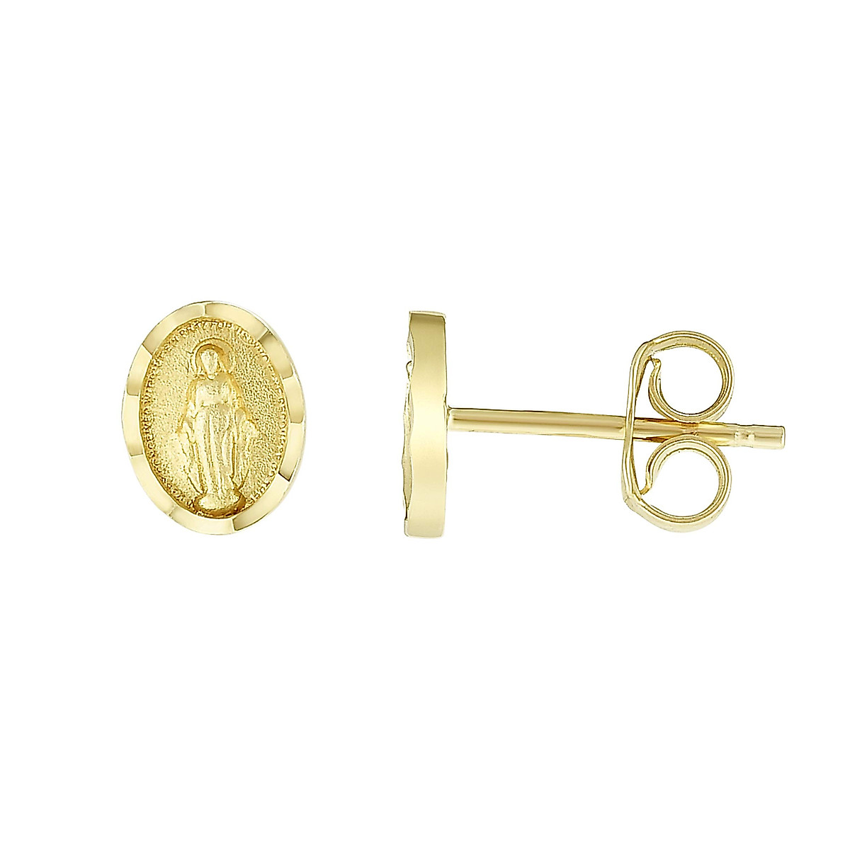 14k Yellow Gold Mini Miraculous Virgin Mary Small Oval Stud Post Earrings (8x6mm)