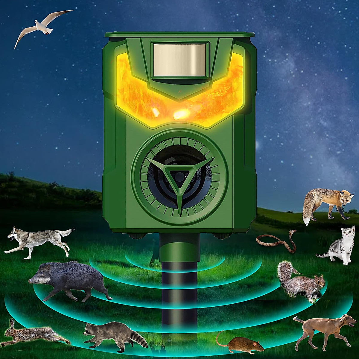 Ultrasonic Animal Repeller, 2023 New Solar Powered Cat Repellent Outdoor with Flame Light Flicker, 5 Modes Waterproof Dog Deterrent Repel Dogs,Cat, Bird,Squirrels,Raccoon,Rabbit,Fox for Garden Yard