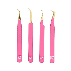 M LASH Tweezers for Eyelash Extensions (Set of 4) - Professional Lash Extension Tweezers - Fiber Tip, Japanese Steel, Diamond Grip Eyelash Extension Tweezer (Pink)