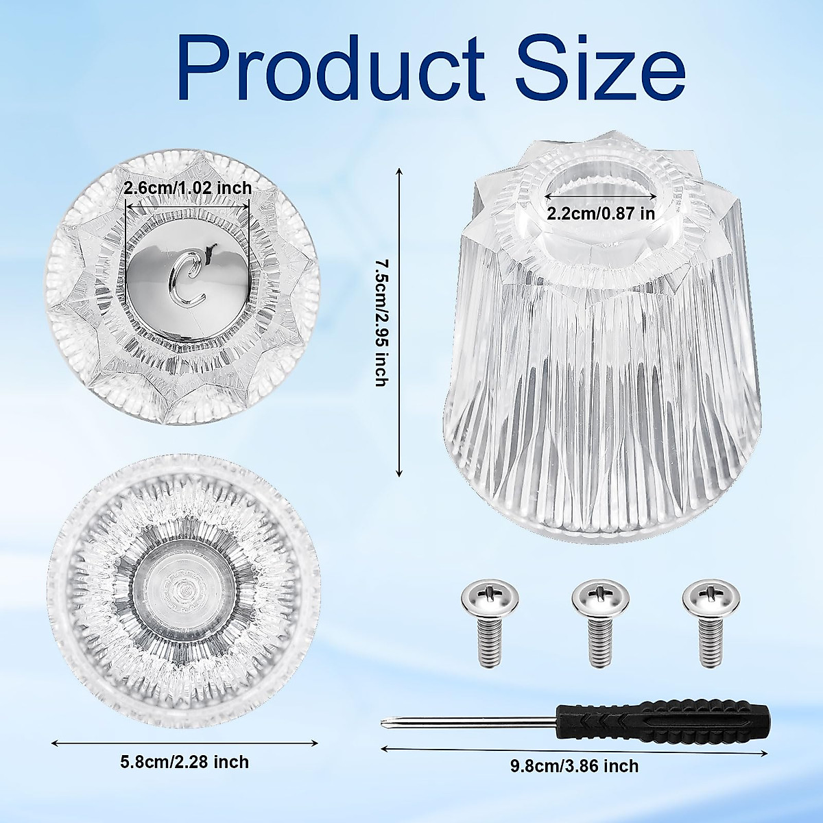 Gosknor 3 Piece Shower Knob Replacement, Clear Acrylic Faucet Handles Hot/Cold/Diverter Bathtub Knobs Bathroom Faucet Knobs Compatible with Price Pfister Contessa and Windsor, with Screwdriver