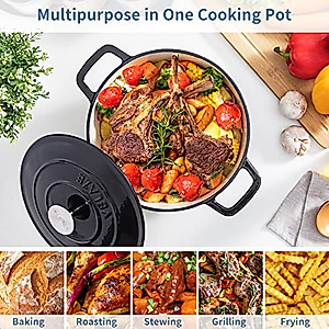 Velaze 6 QT Enameled Cast Iron Dutch Oven, Dual Handles Dutch Oven Pot with Lid,Heavy-Duty Non-stick Round Dutch Oven for Bread Baking, Stewing, Roasting, Good Sealing for All Heat Source (BLACK)