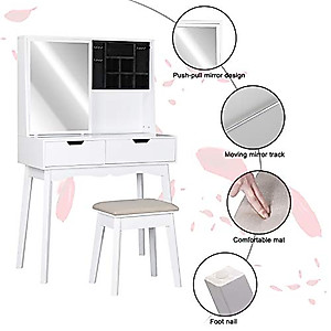 LYNSLIM Vanity Desk, Makeup Vanity with Mirror & LED Lights，Makeup Vanity Table with 2 Drawers & 4 Storage，Small Vanity Set Storage Stool for Dressing Bedroom (White, Extra)