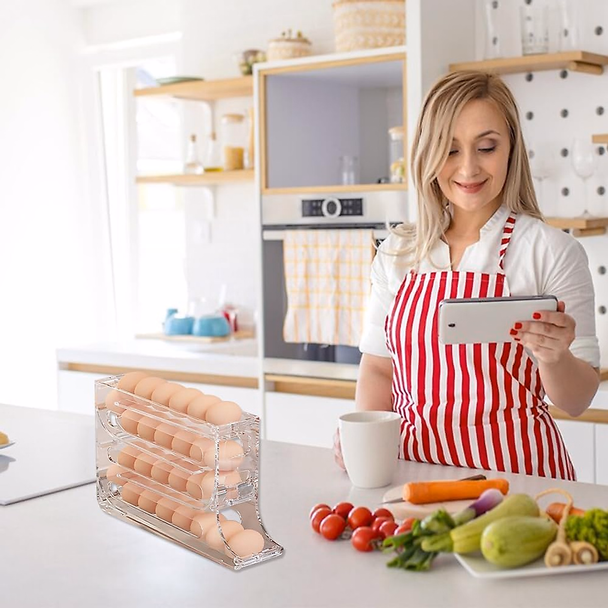 4 Tiers Egg Holder for Fridge, 2024 New Automatic Scrolling Egg Rack Holder, Eggs Dispenser Auto Rolling Large Capacity Egg Organizer Storage Box, Space-Saving Egg Dispenser Holder (Transparent)