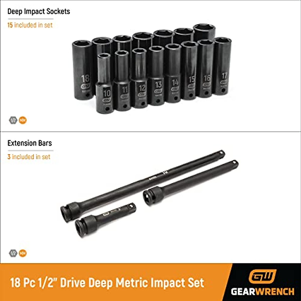 GEARWRENCH 18 Piece 1/2" Drive Deep Metric Impact Socket Set - 89096