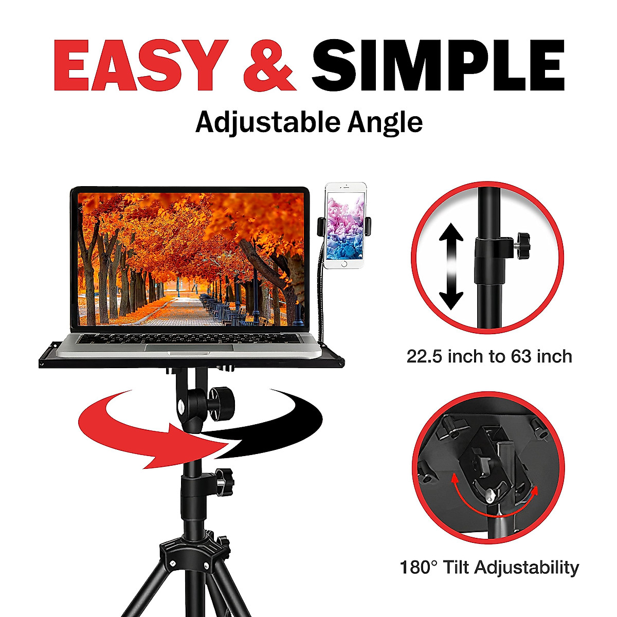 WTC Projector Stand, Laptop Tripod Stand Adjustable Height 22.5 inch to 63 inch with Gooseneck Phone Holder with Mouse Tray, Portable Projector Stand Tripod for Outdoor Movies- DJ Racks Holder Mount