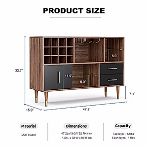 IKIFLY Accent Buffet Sideboard with Storage, Wood Cabinet Server Cupboard with 12 Wine Bottle Rack, Stemware Holder and Drawers, Console Table for Kitchen Living Room, 47 Inch - Walnut/Black