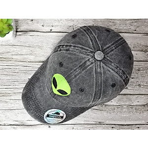 Hepandy Embroidered Green Alien Head Baseball Cap for Kids Women Men, Washed Black Embroidery Trucker Hat, Adjustable Snapback Dad Hats