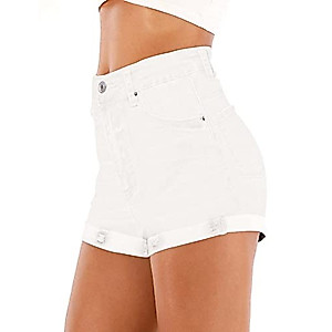 Cuihur Women's Casual High Waisted Stretchy Denim Shorts Ripped Folded Hem Jeans Shorts White 16