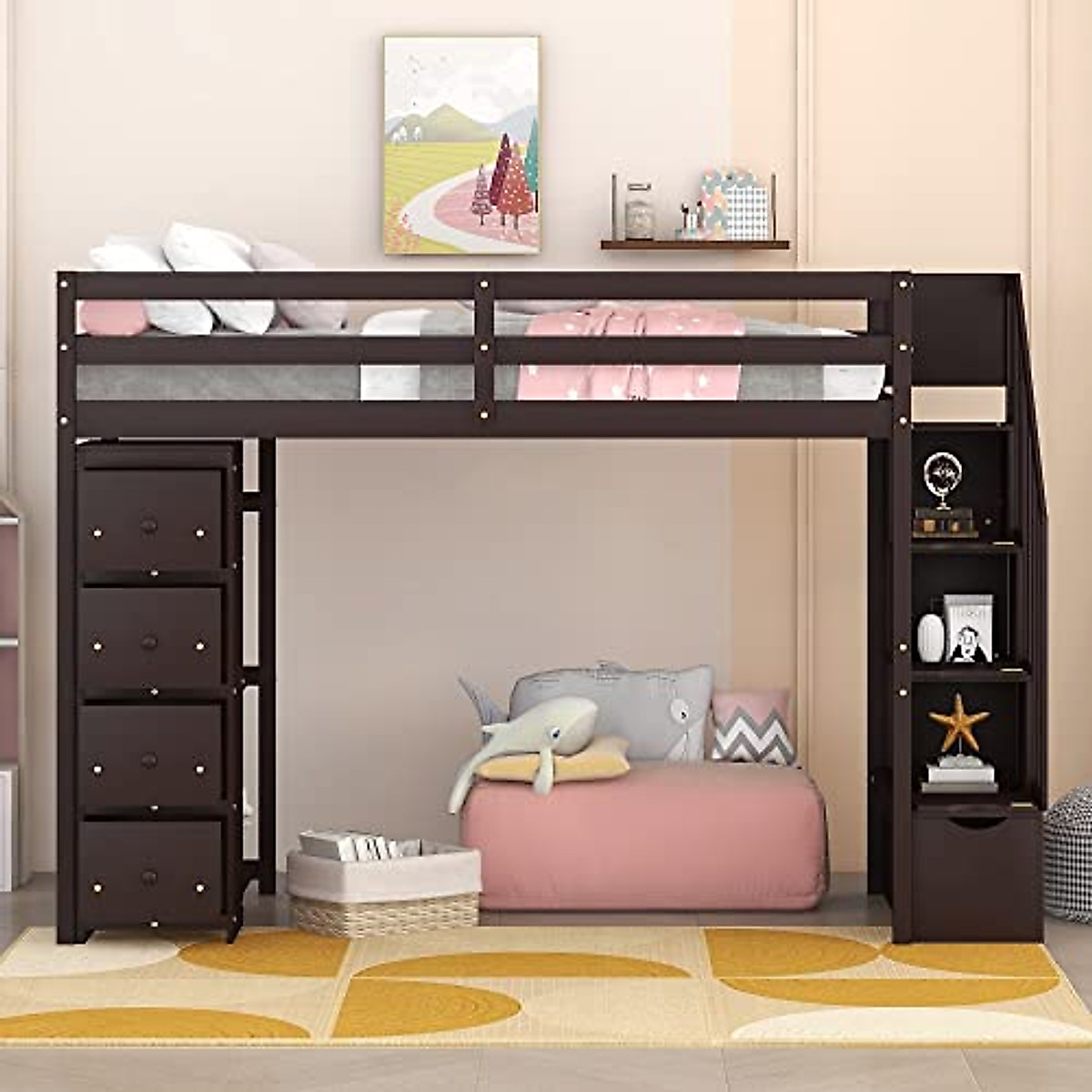 Merax Twin Size Loft Bed, Loft Bed Frame with Storage Drawers and Stairs, Wooden Loft Bed with Shelves, Espresso