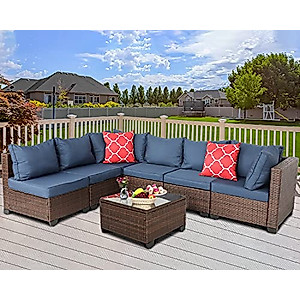 HTTH Patio Furniture Sets Outdoor Furniture Outdoor Rattan Wicker Conversation Sofa Garden Sectional Sets with Washable Cushions Coffee Table (Mix-Blue)