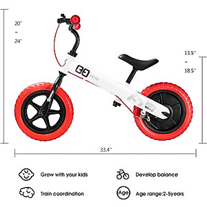 HAPTOO Balance Bike 12'' for 3-7 Years Old, Toddler Balance Bike with Adjustable Seat and Handlebar, Best Birthday Gift for Boys and Girls (White)