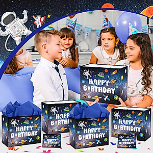 Outer Space Birthday Gift Bag for Kids, Blue Gift Bag with Card Tissue Paper Rocket Planet Gift Bag Birthday Wrapping Paper Bags Outer Space Party Gift Bag Decorations for Boys Girls Birthday Party