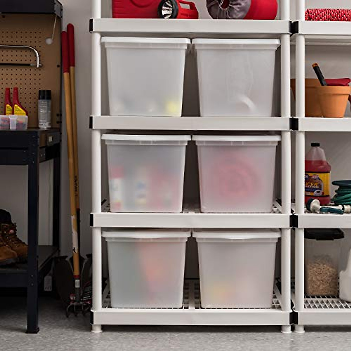 IRIS USA 68 Qt. Plastic Storage Container Bin with Latching Lid, 6 Pack, Stackable Nestable Box Tote Closet Organization School Art Supplies Towels Blankets Comforters Sleeping Bags - Pearl