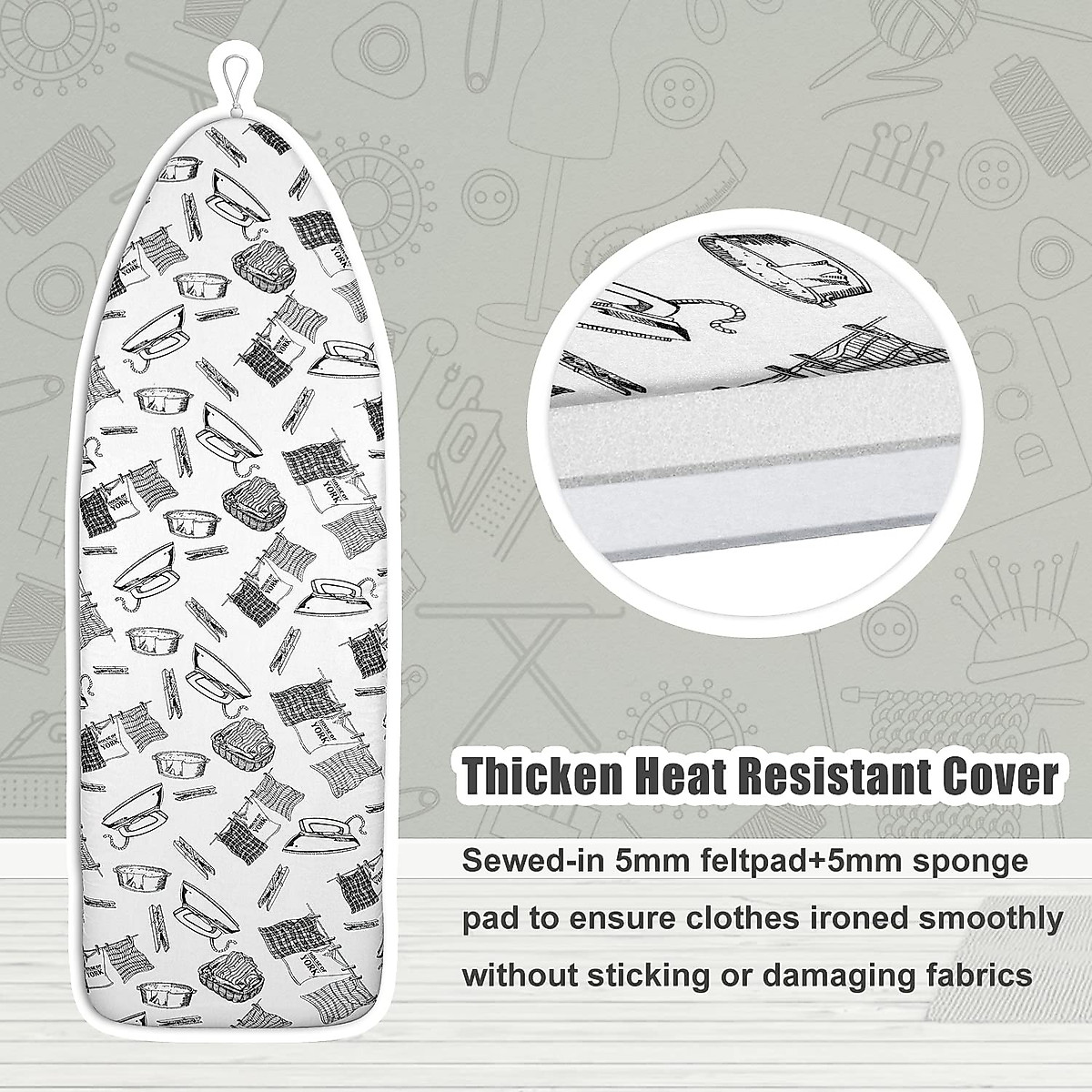 Duwee 15x54 inch Heat Resistance Metallic Ironing Board Cover Durable Felt Material Padding, Sew-in Bungee Cord, Easily Handle and Fits Board Beautifully(Iron Patten)